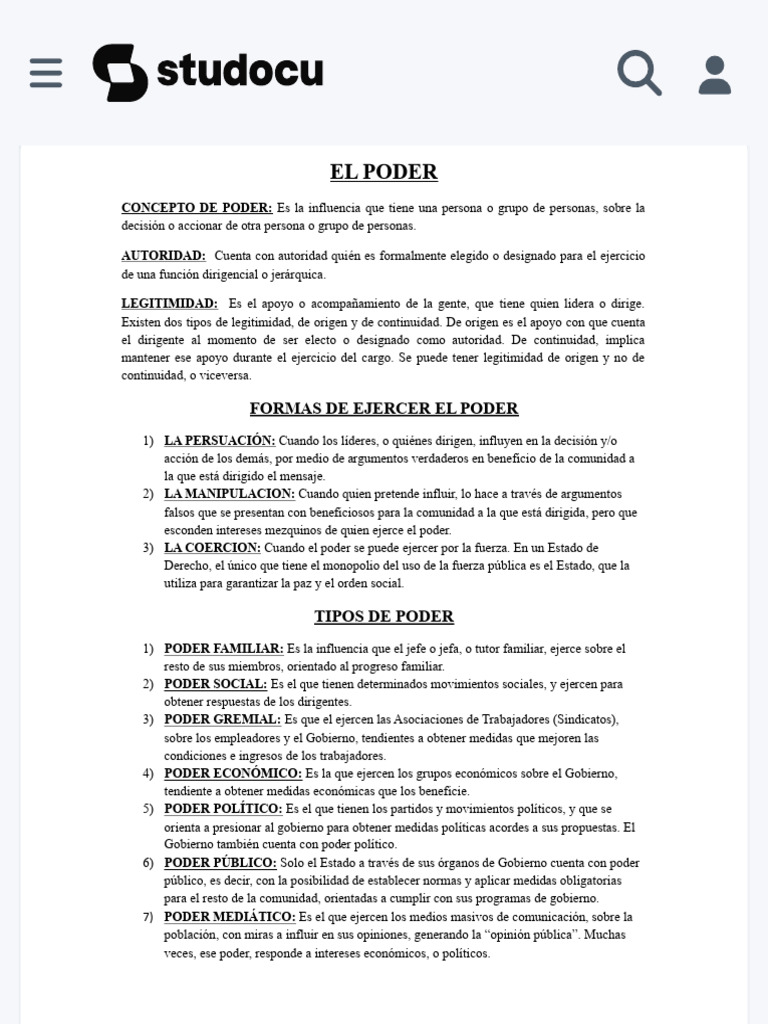 EL Poder Concepto Formas y Tipos - EL PODER CONCEPTO de PODER Es La Influencia Que Tiene Una ...