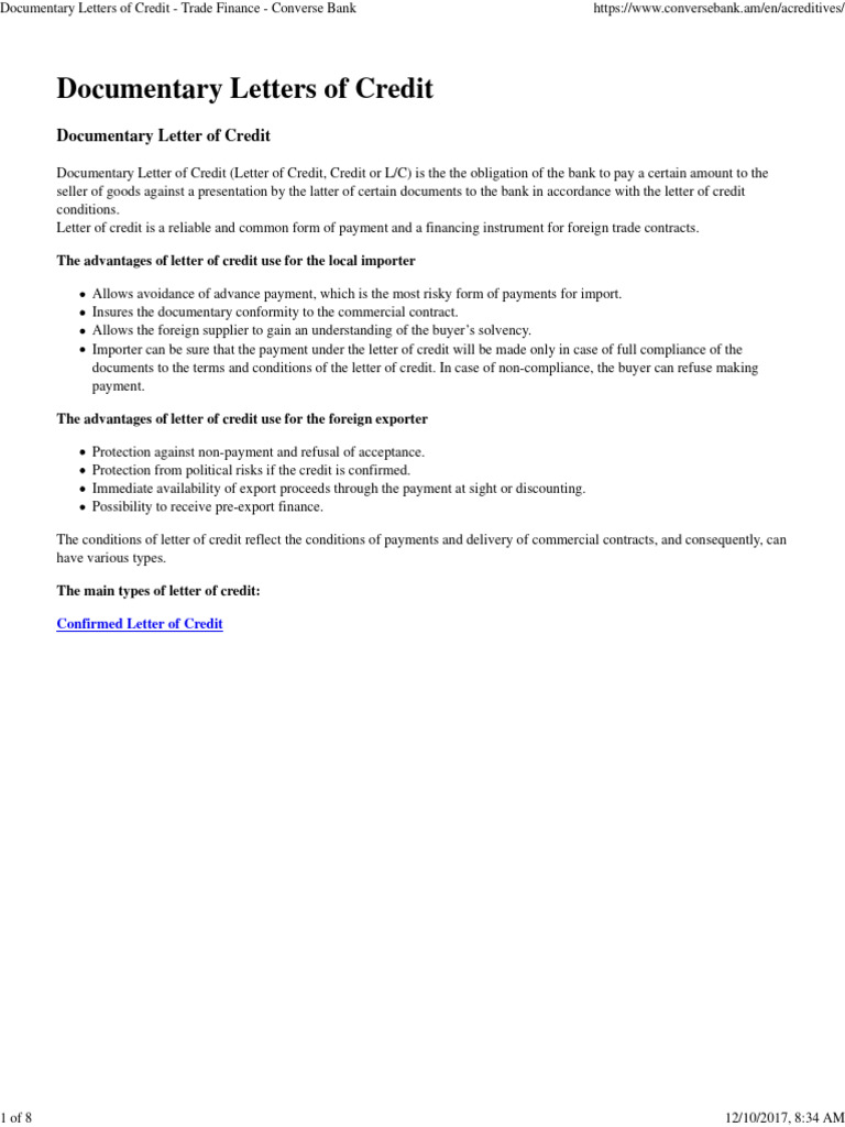 Documentary Letters of Credit - Trade Finance - Converse Bank | PDF ...