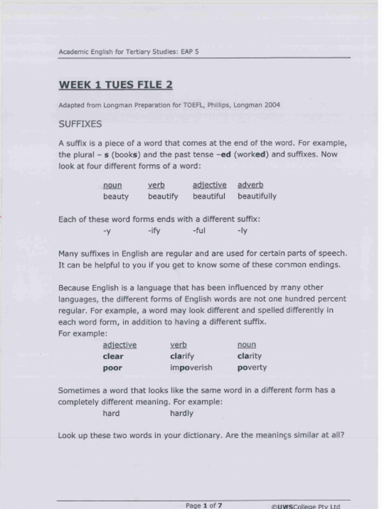 EAP5 Week 1 Mon F2 - Grammar Suffixes - No Answer | PDF