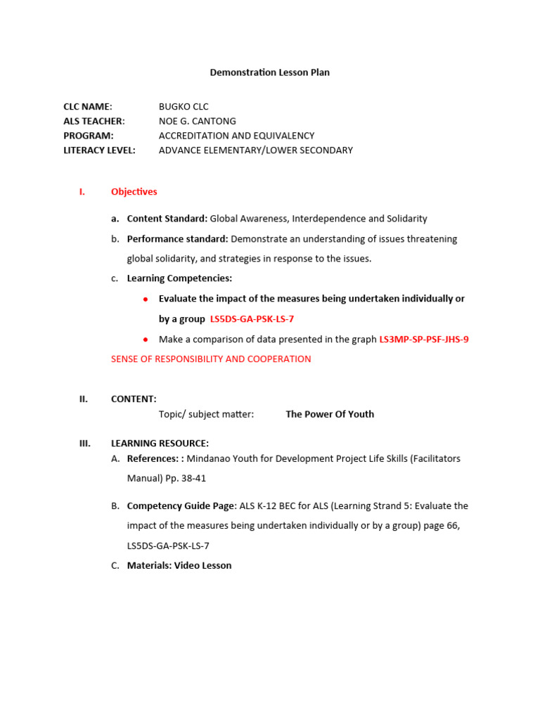 Demonstration Lesson Plan (Final) For Demo | Download Free PDF | Lesson ...