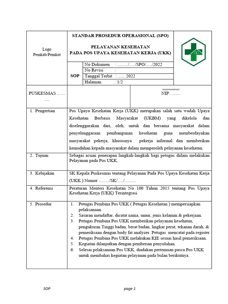 Contoh SOP Pelayanan Kesehatan Pada Pos UKK | PDF | Sains & Matematika