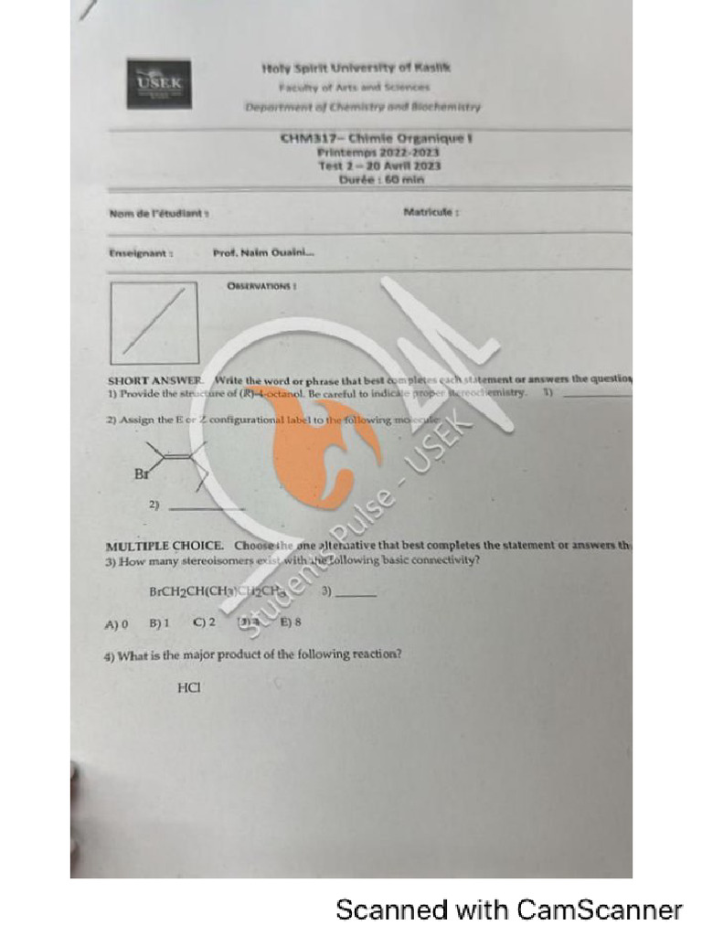 chm317 Chimie Organique 1 Test 2 Spring 2022-2023 | PDF