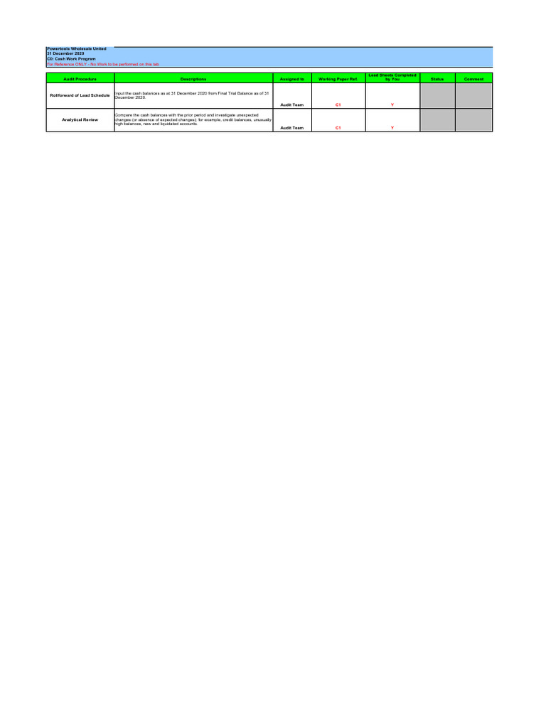 Task-3 2020 - C1 Cash Lead Schedule Update | PDF
