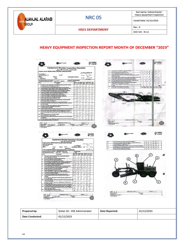 3-EQUIPMENT INSPECTION REPORT - (1-12-2023) | PDF | Heavy Equipment ...