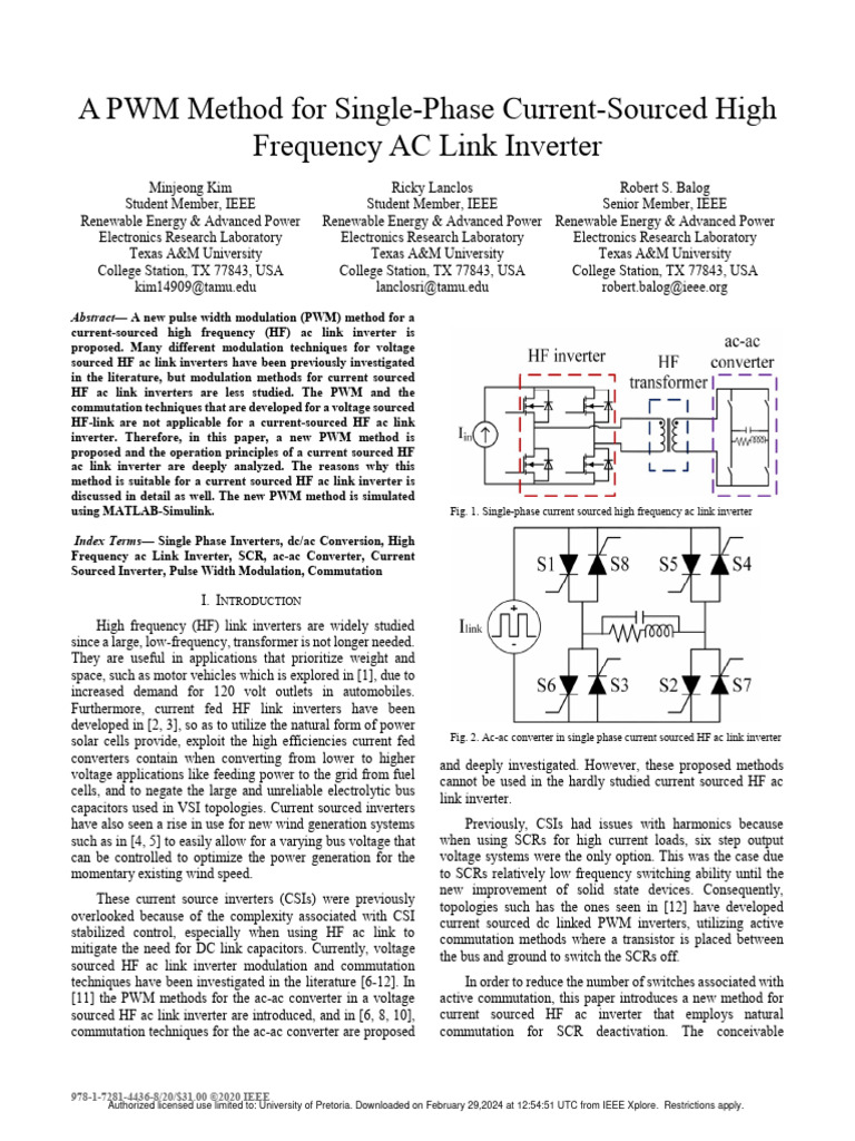 A PWM Method For Single-Phase Current-Sourced High Frequency AC Link Inverter | PDF | Power ...