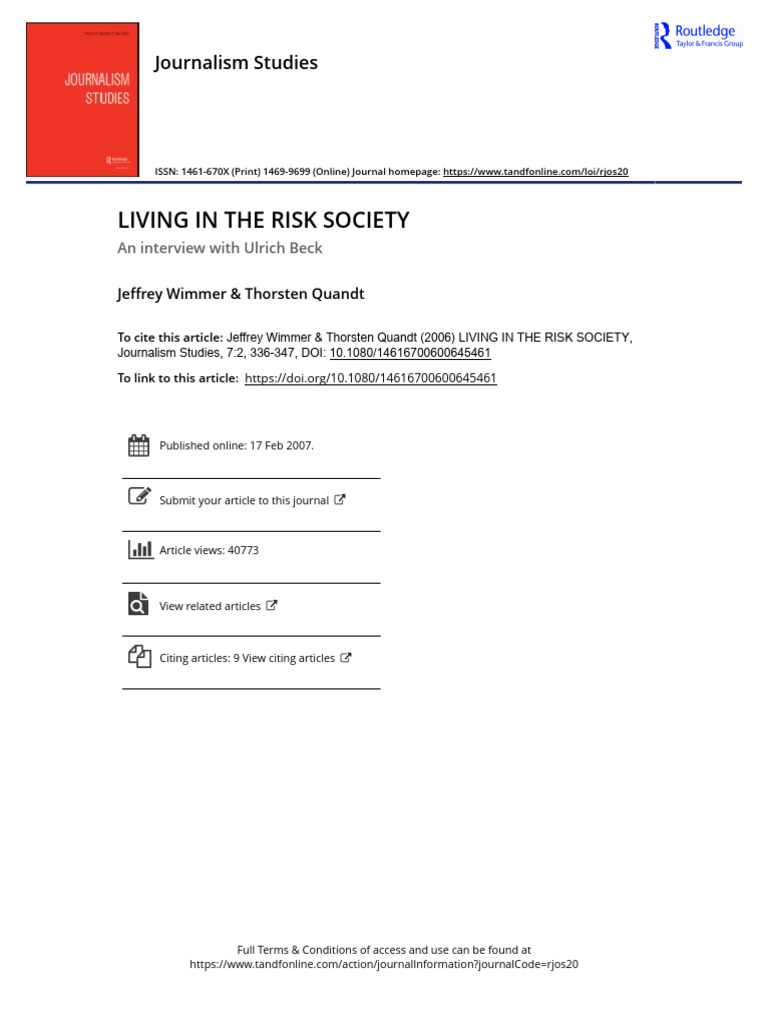 Living in The Risk Society - Wimmer and Quandt | PDF | Sociology | Science