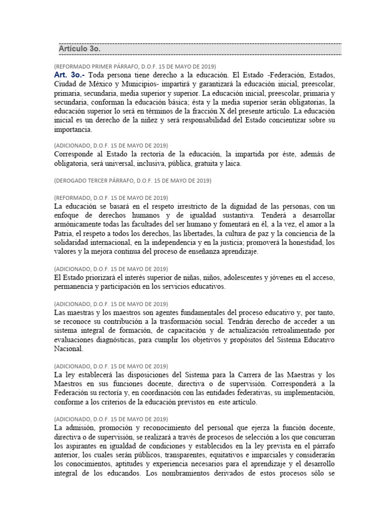 Articulo 3° Constitucional 2019 Final | PDF | Educación de la primera ...