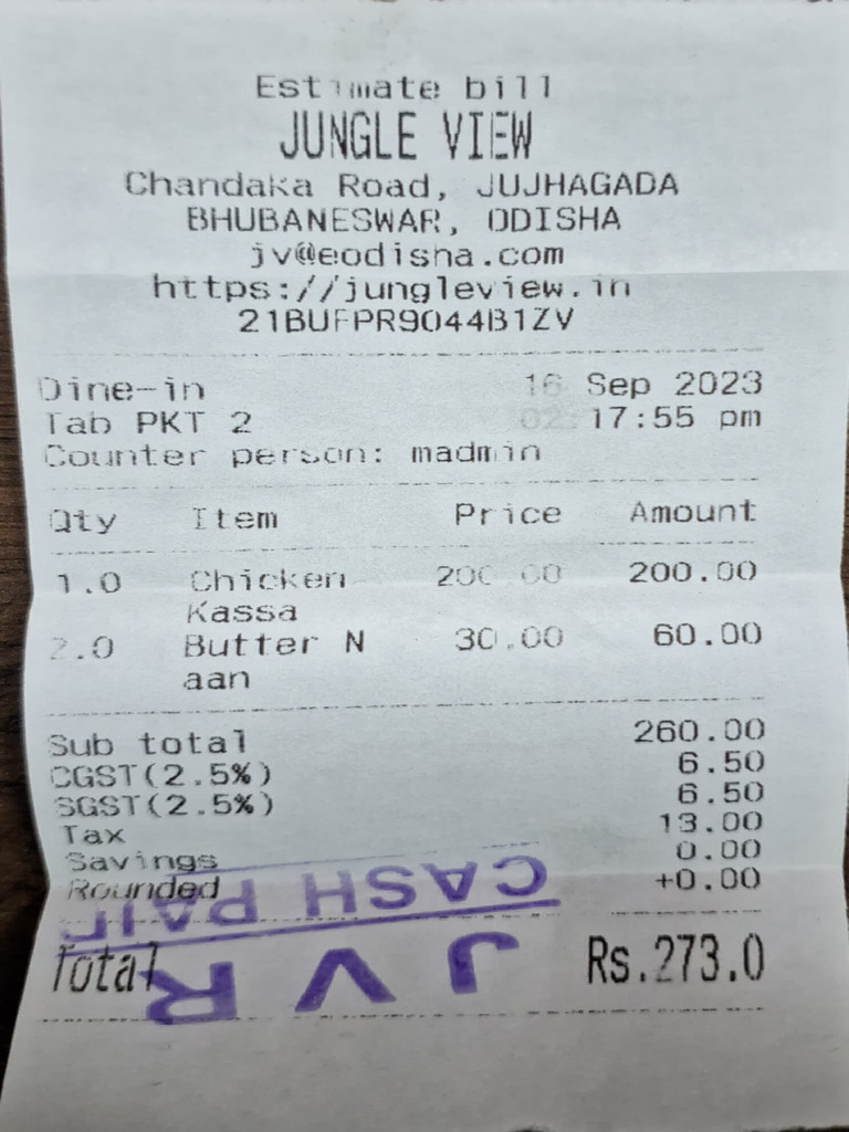 Bhubaneswar Hotel Food Bill 2023 | PDF