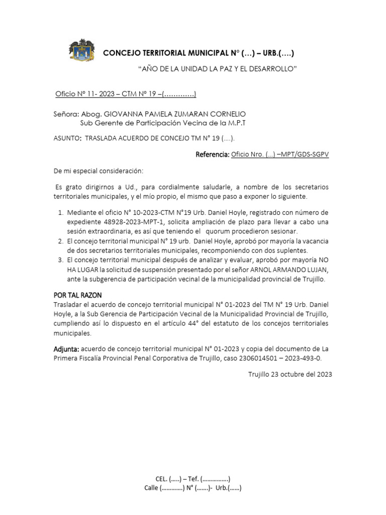 Acuerdo Concejo TM N° 19 Urb. Daniel Hoyle | PDF | Política | Ciencias ...