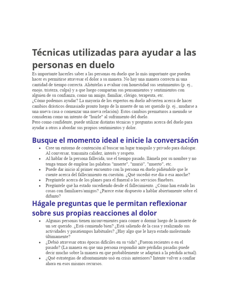 Técnicas Utilizadas para Ayudar A Las Personas en Duelo | PDF | Dolor ...