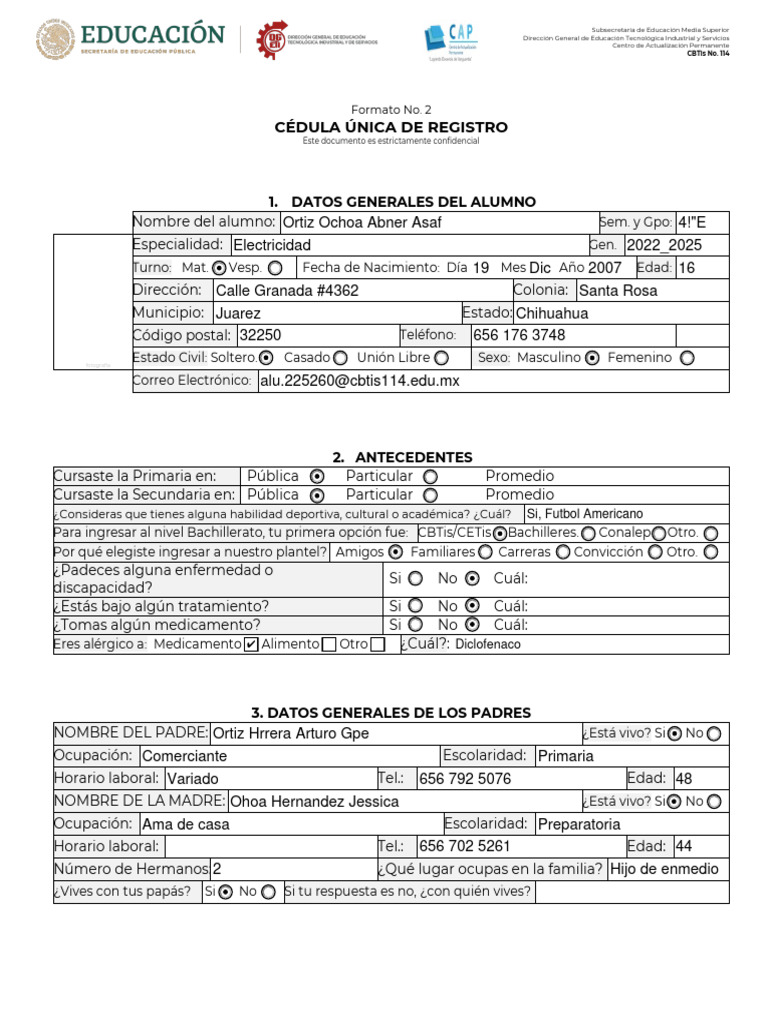 Ortiz Ochoa Abner Asaf 4!"E: Cédula Única de Registro | PDF