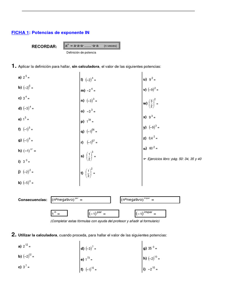 FICHA 1: Potencias de Exponente IN: Recordar | PDF | Exponenciación ...