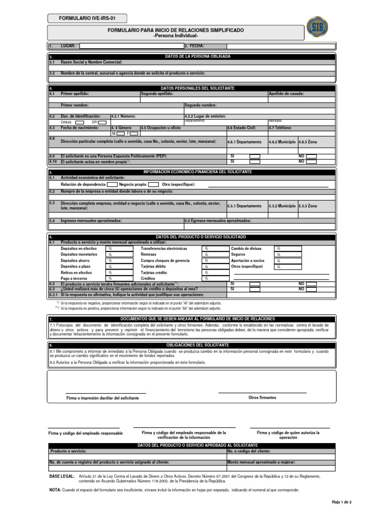 Formulario para Inicio de Relaciones Simplificado IVE-IRS-01 | PDF
