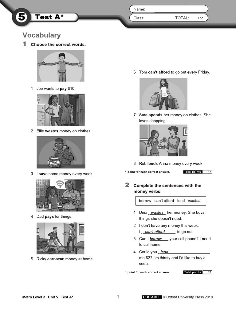 Metro Level 2 Unit 5 Test A One Star | PDF