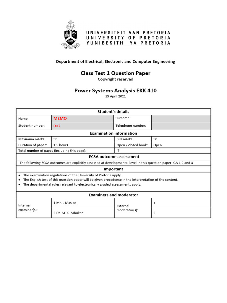 EKK410 Class Test 1 2021 Memo | PDF