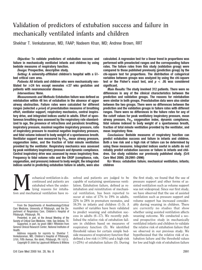 VENKATARAMAN 2000 Validation of Predictors of Extubation Success and ...