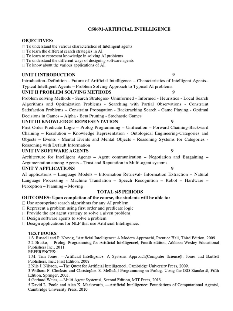 CS8691 Syllabus | PDF | Artificial Intelligence | Intelligence (AI ...