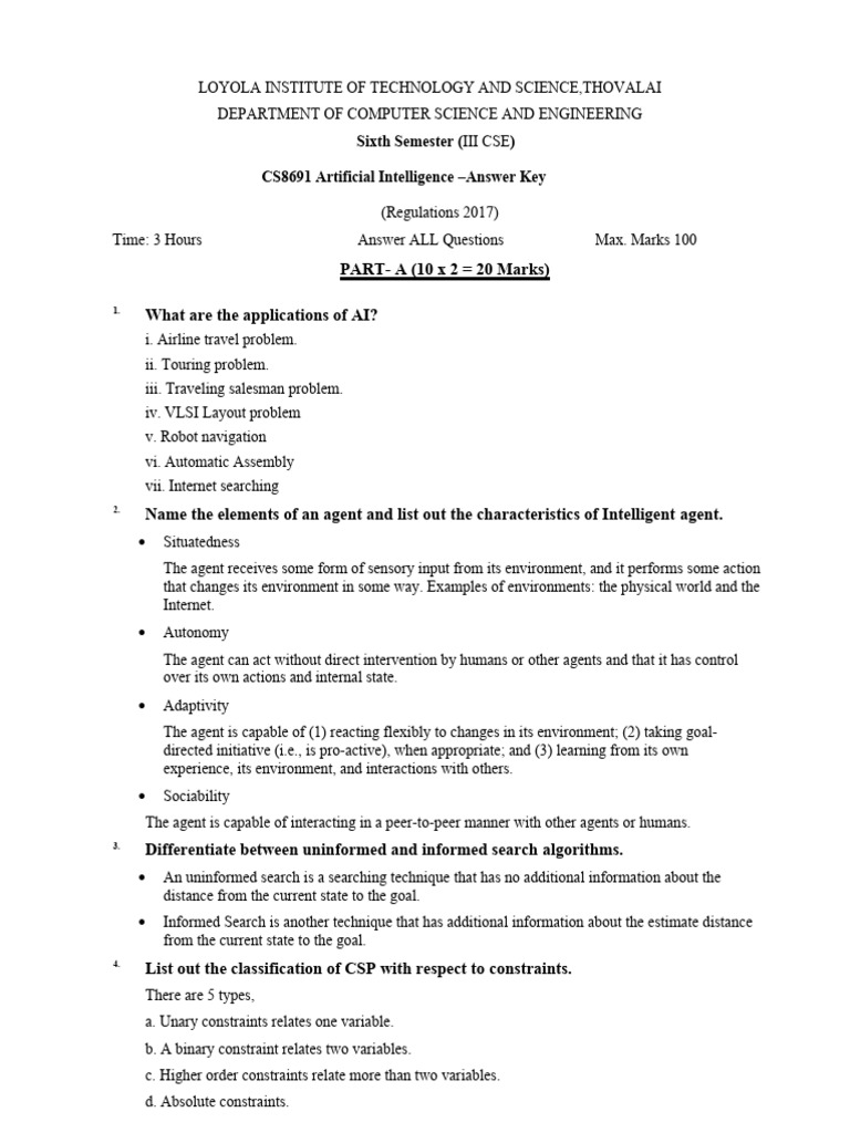 CS8691 AI Model Exam Answer Key | PDF | First Order Logic | Artificial Intelligence