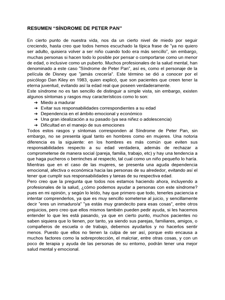 Resumen "Síndrome de Peter Pan" | PDF | Conceptos psicologicos ...
