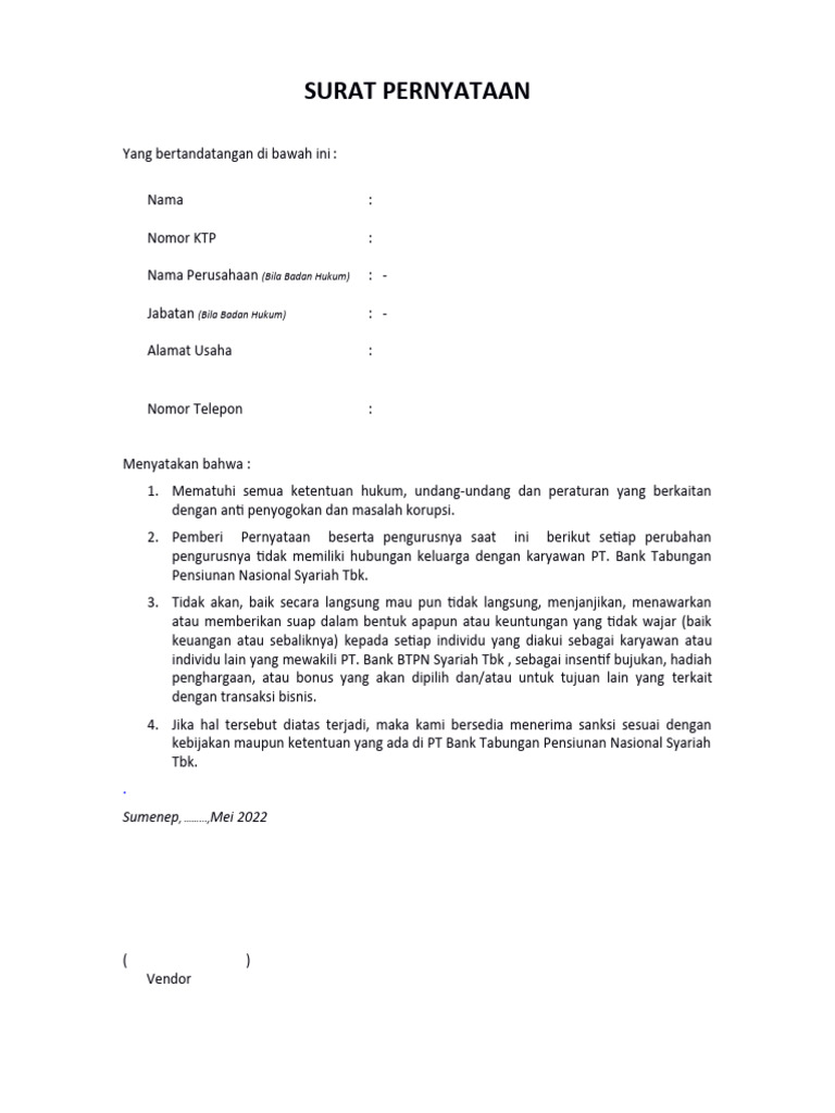 Draft Surat Pernyataan Vendor | PDF