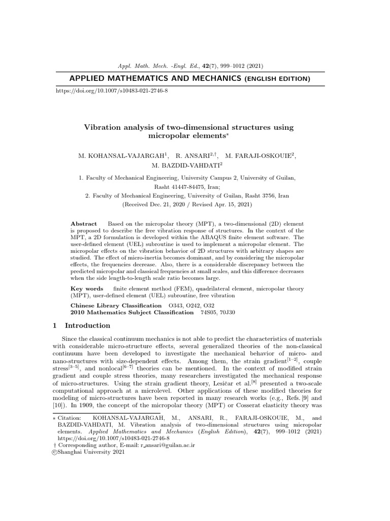 Vibration Analysis of Two-Dimensional Structures Using Micropolar Elements | PDF | Stress ...