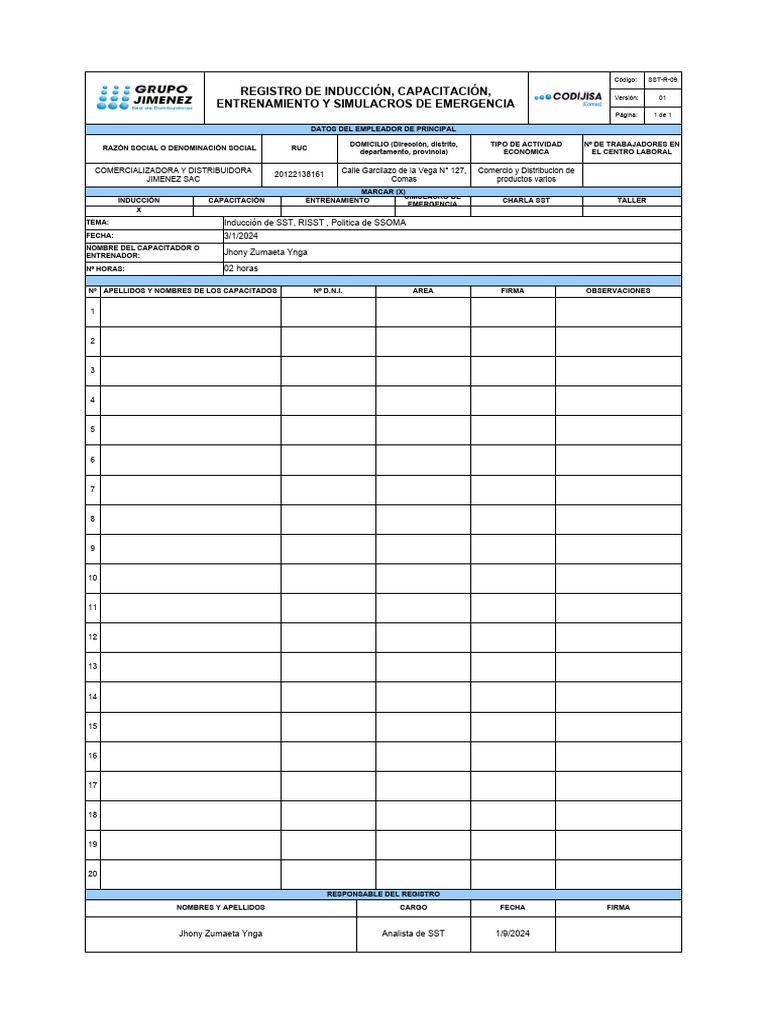 SST-R-09_REGISTROS DE INDUCCIÓN_CAPACITACIÓN_CHARLAS SST_CODIJISA | PDF
