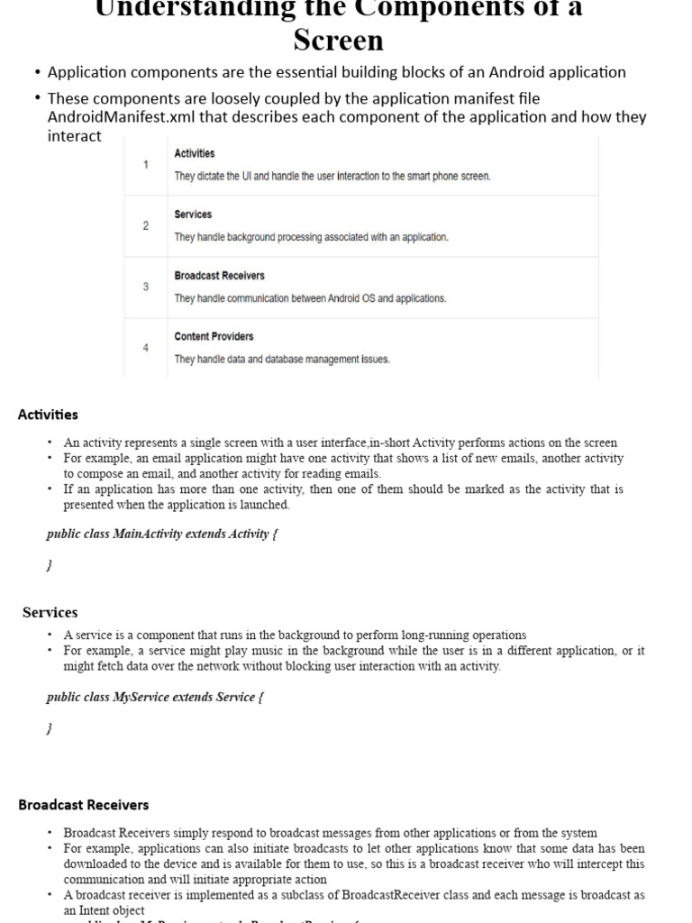 Android App Components Guide | PDF | Class (Computer Programming) | Method (Computer Programming)