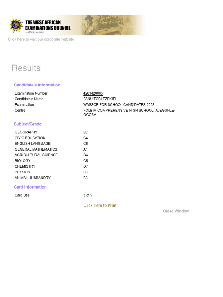 Waecdirect Online - Results | PDF