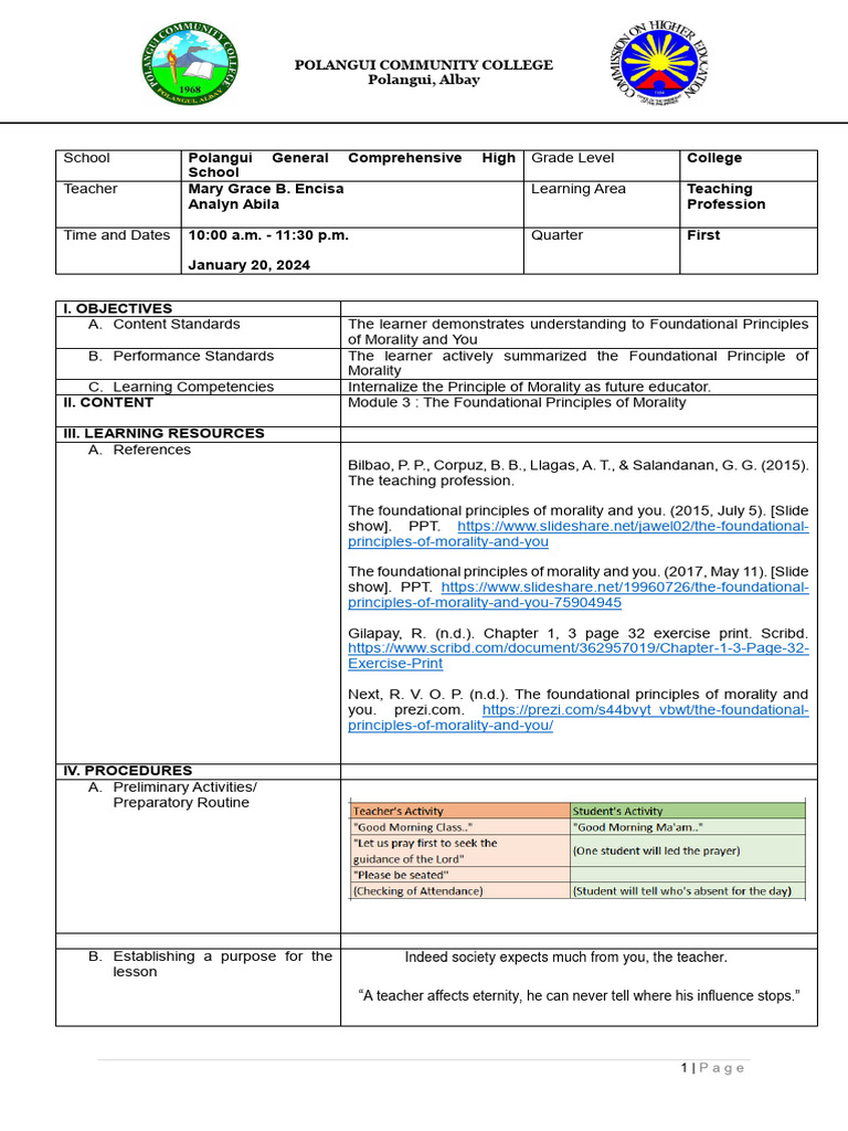 Lesson Plan - Module 3 - Foundation Principle of Morality and You | PDF | Science & Mathematics