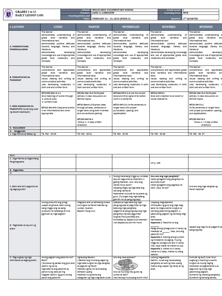 MTB 1 - Q3 - W3 daILY LESSON LOG | PDF