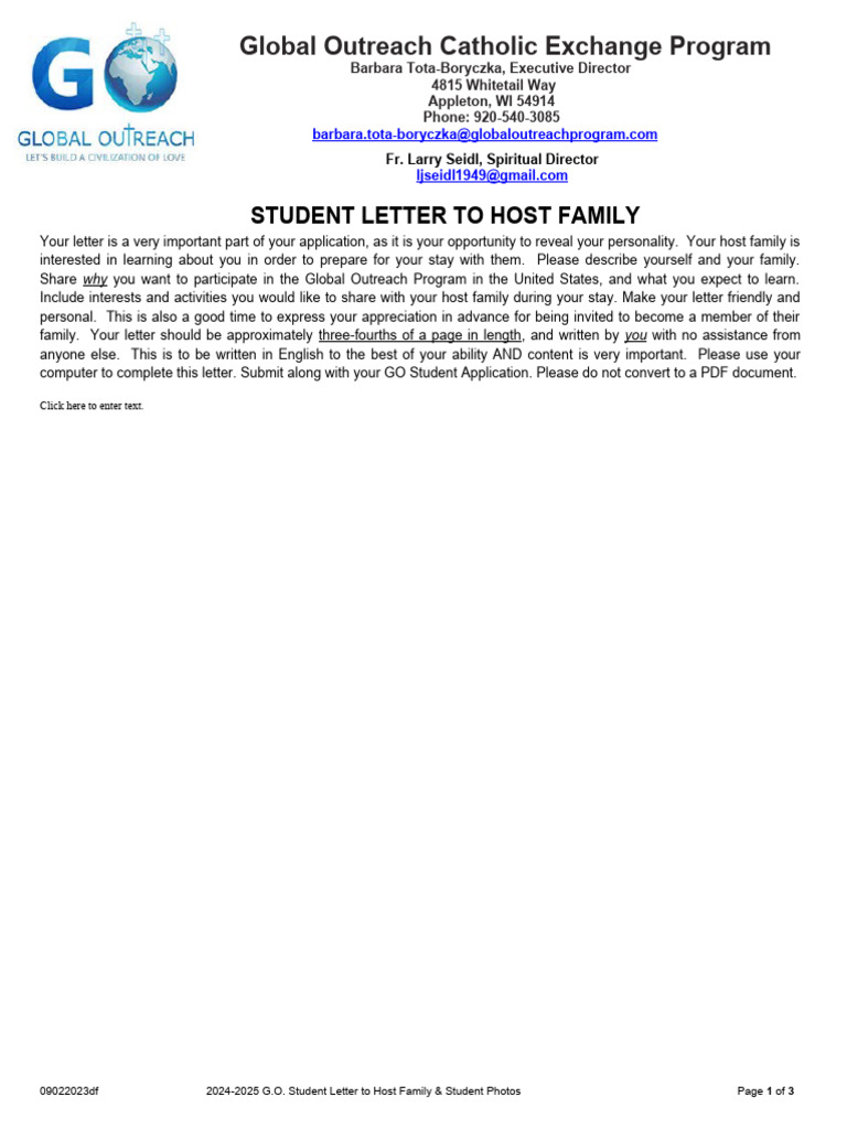 2024-2025 Global Outreach Student Application - Letter To Host Family ...