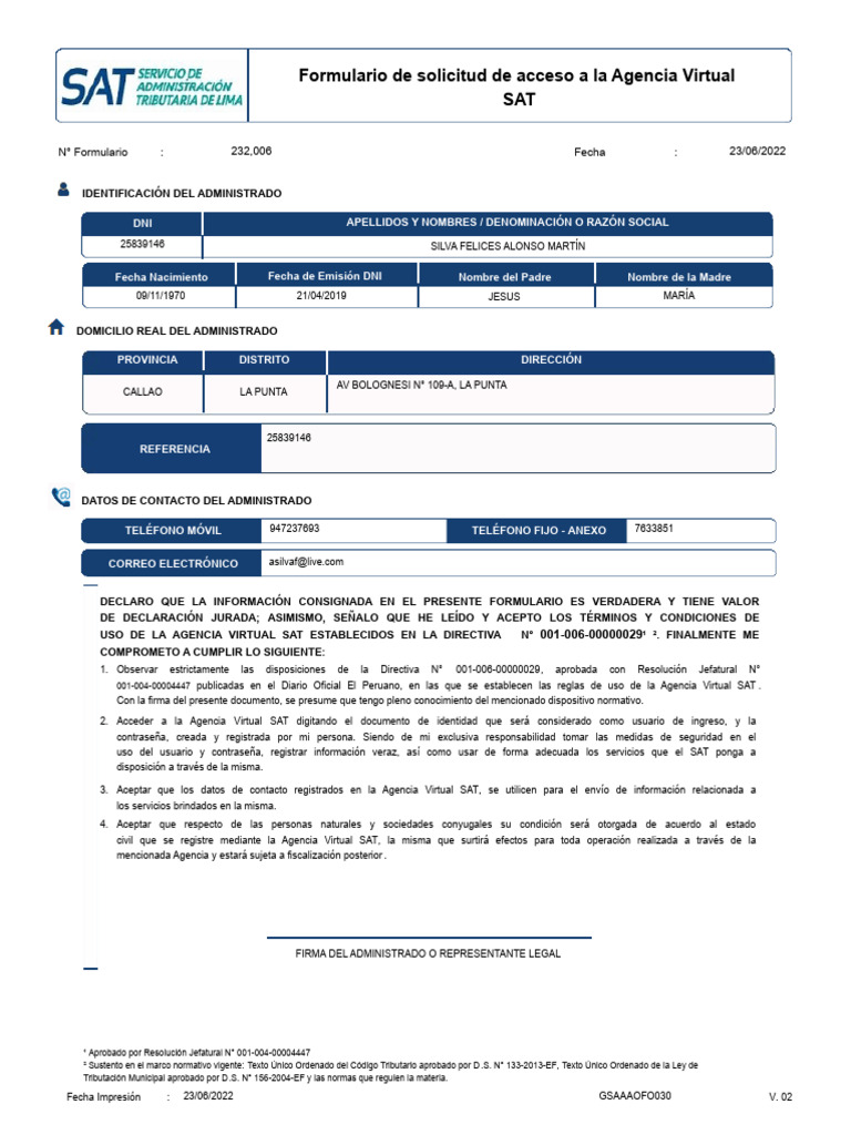 Solicitud de Acceso a Agencia Virtual SAT | PDF