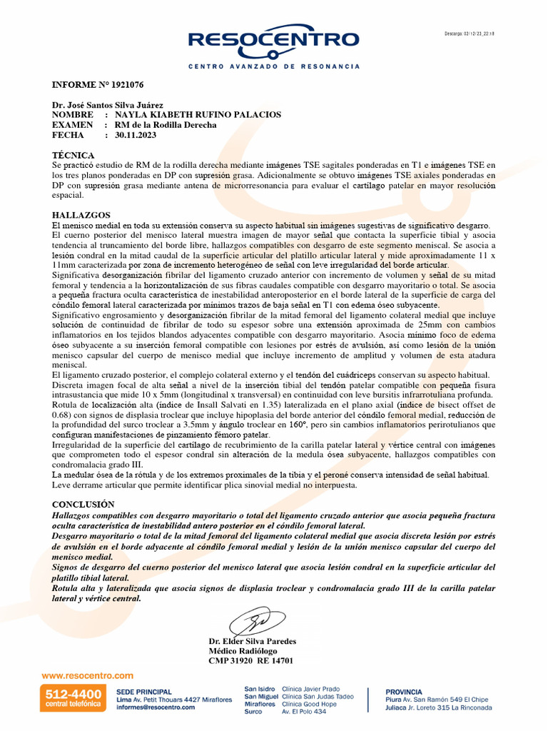 Informe de RM: Rodilla Derecha con Desgarros | PDF | Rodilla | Anatomía ...