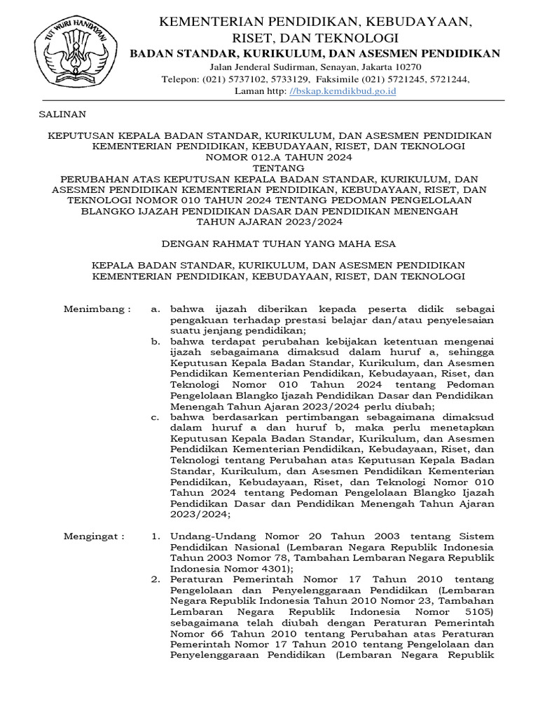 KepkaBSKAP No. 012.a Tahun 2024 Tentang Blangko Ijazah 2024 (Perubahan ...