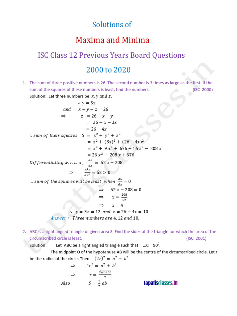 Maxima and Minima. Previous Years Board Questions 2000 To 2020 With Solutions of Isc Class 12 ...