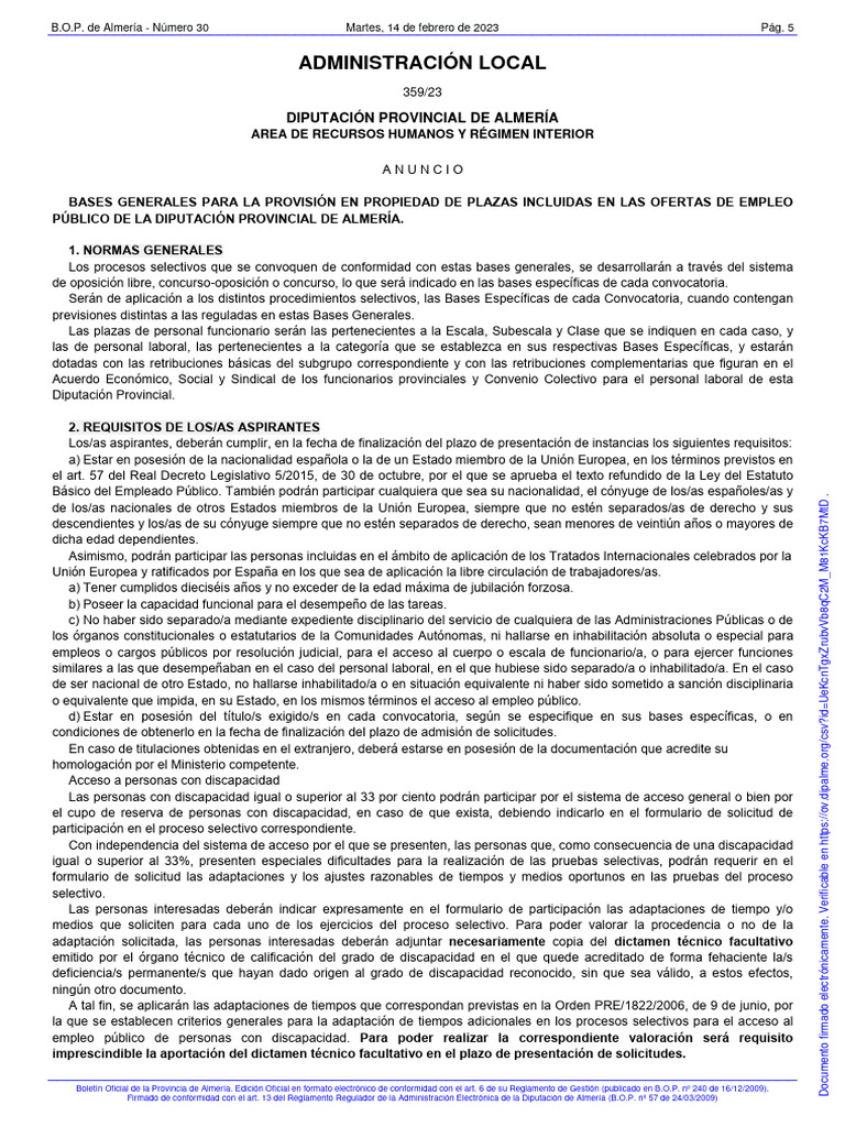 BASES COMUNES. BOP Num. 30 - 14 Febrero | PDF | Servicio Civil | Invalidez