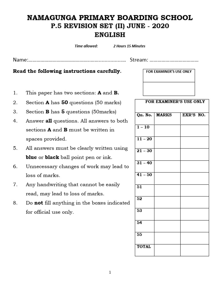 P.5 English Revision Set 2 Namagunga Primary Boarding School | PDF ...