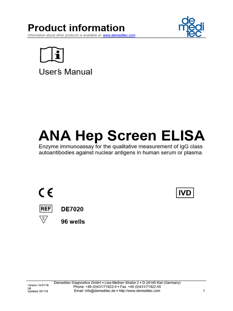 IFU DE7020 ANA Hep Screen ELISA 181115 e | PDF | Medicine | Immunology