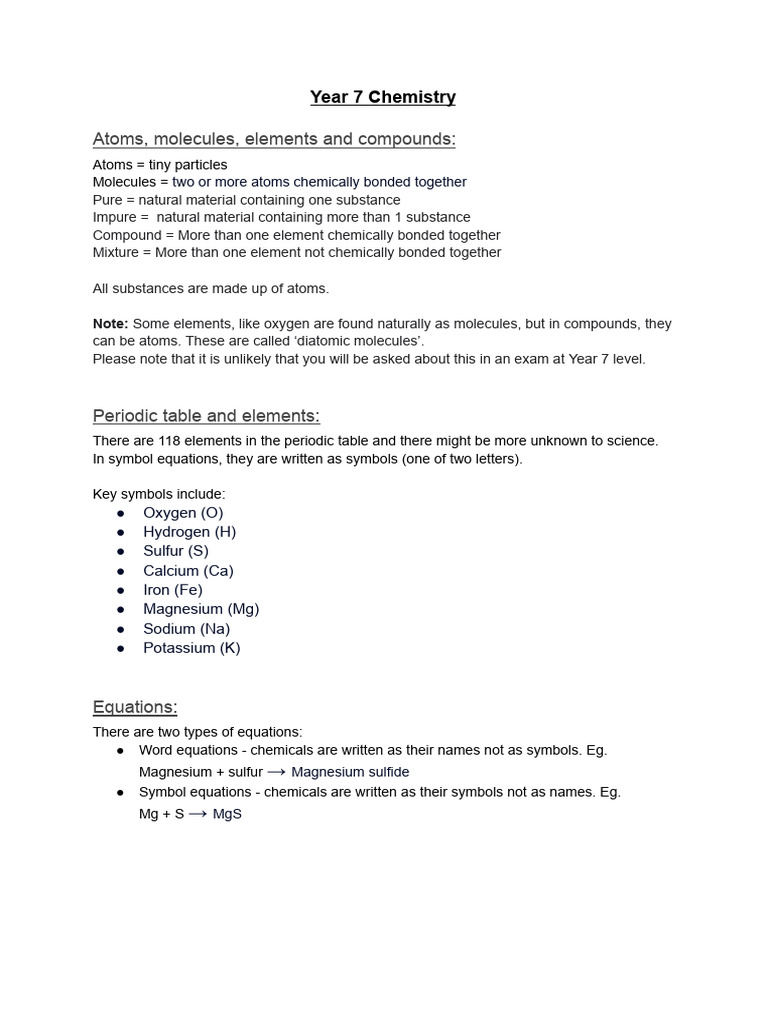 Year 7 Chemistry Revision | PDF