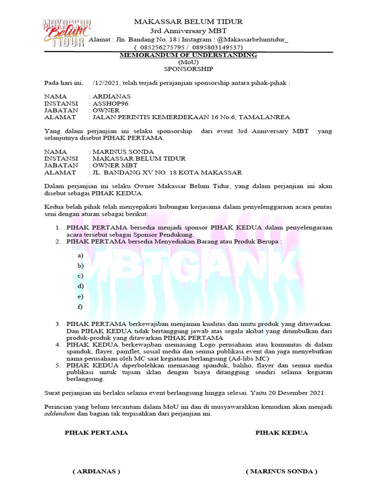 Contoh MoU SPONSORSHIP | PDF