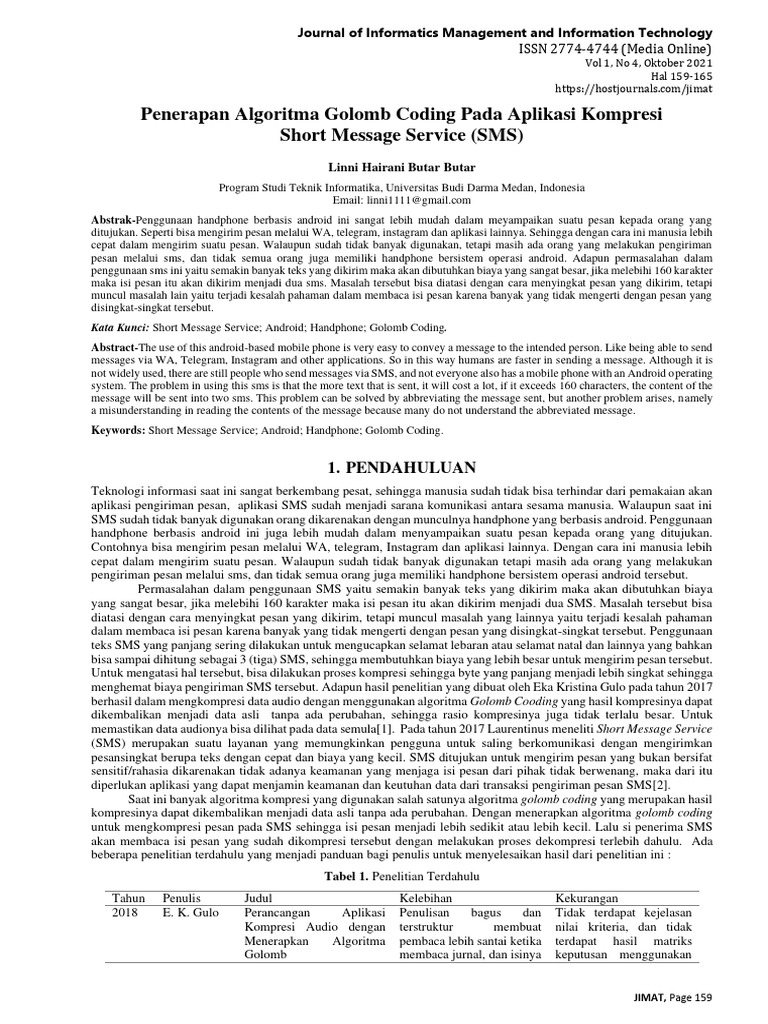Penerapan Algoritma Golomb Coding Pada Aplikasi Kompresi Short Message Service (SMS) | PDF ...