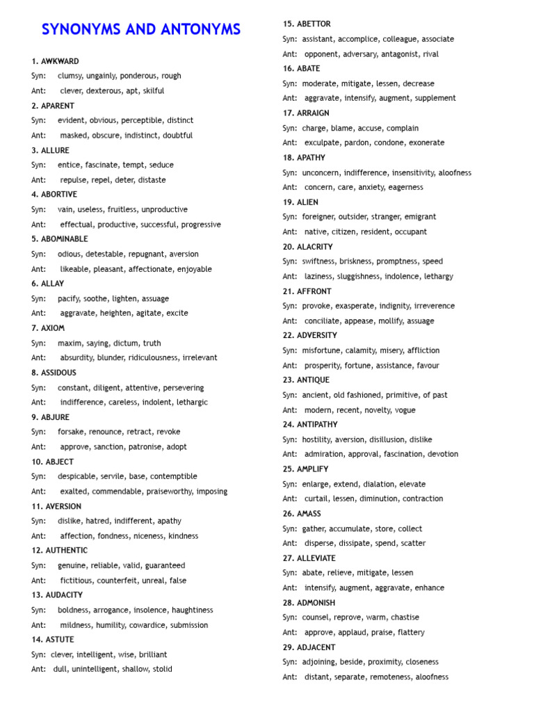 Synonyms and Antonyms | PDF