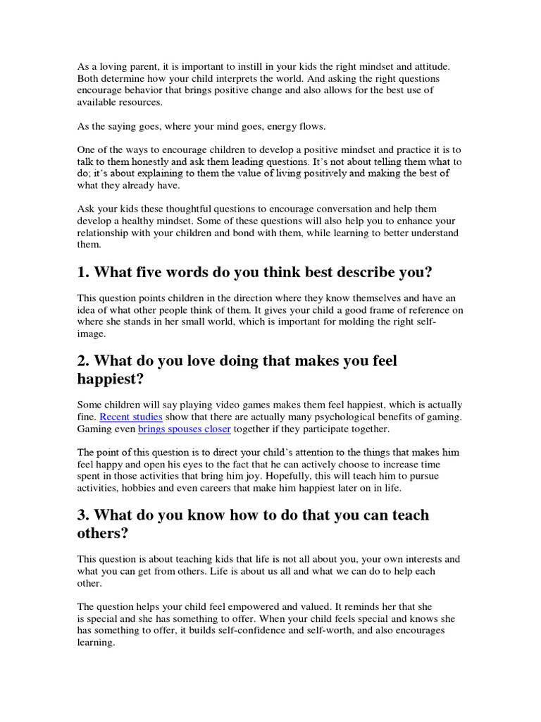15 Questions To Ask Your Kids To Help Them Have Good Mindsets | PDF