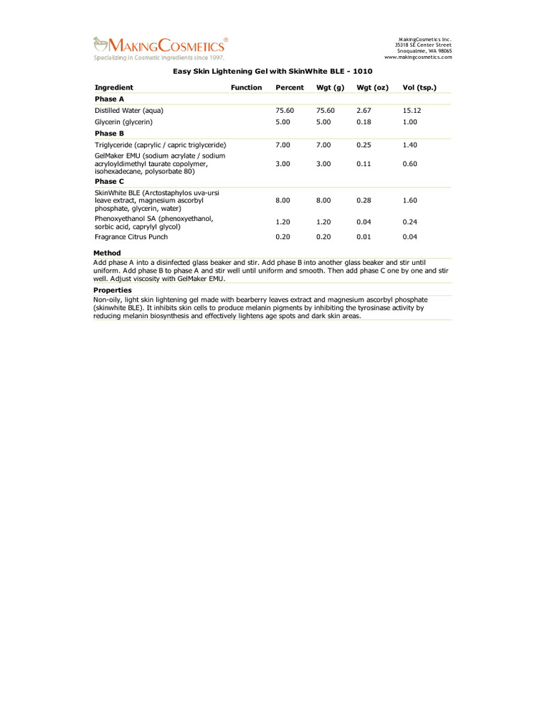 Formula 1010 Easy Skin Lightening Gel SkinWhite BLE | PDF
