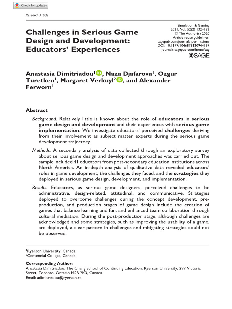 Dimitriadou Et Al 2020 Challenges in Serious Game Design and ... Dimitriadou Et Al 2020 Challenges in Serious Game Design and ...