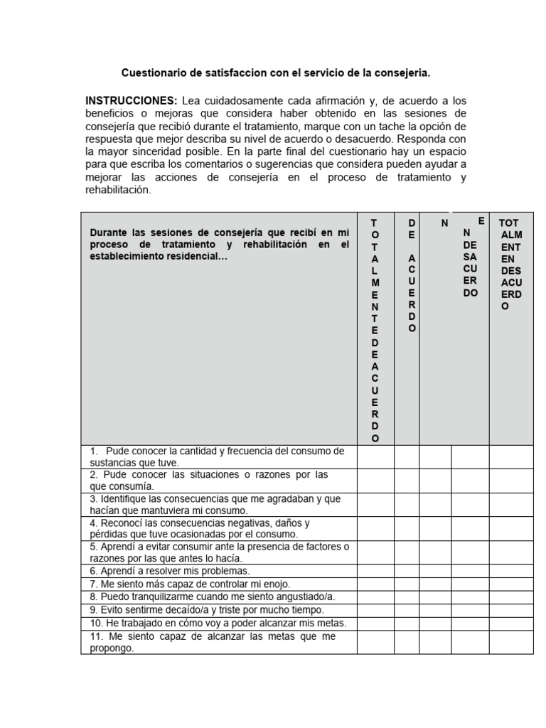 Cuestionario de Satisfacción en Consejería | PDF
