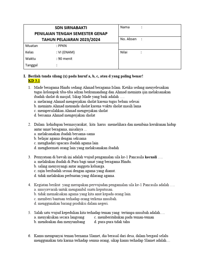 Soal PTS 2 PPKN Kelas 6 K13 | PDF