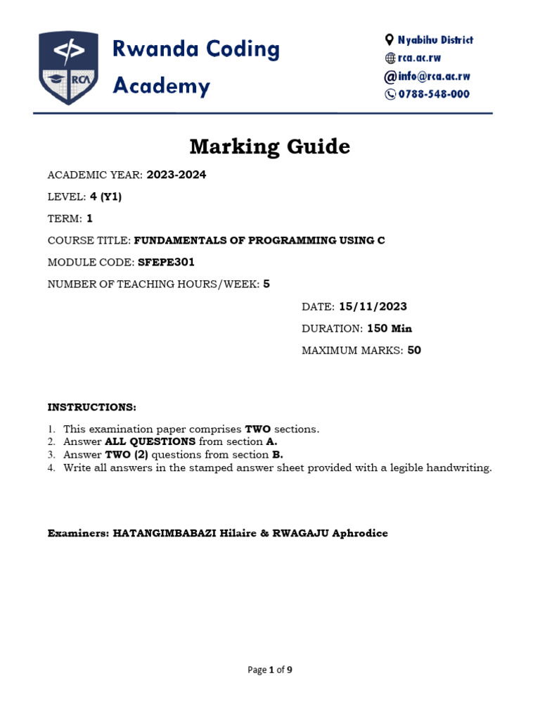 RCA Y1 T1 CAT FOP 2023 2024 Marking Guide | PDF | Computer Programming | Integer (Computer Science)