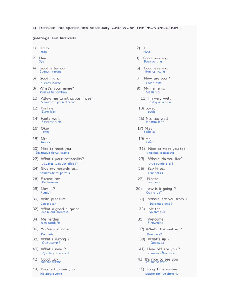 1) Translate Into Spanish This Vocabulary AND WORK THE PRONUNCIATION ...