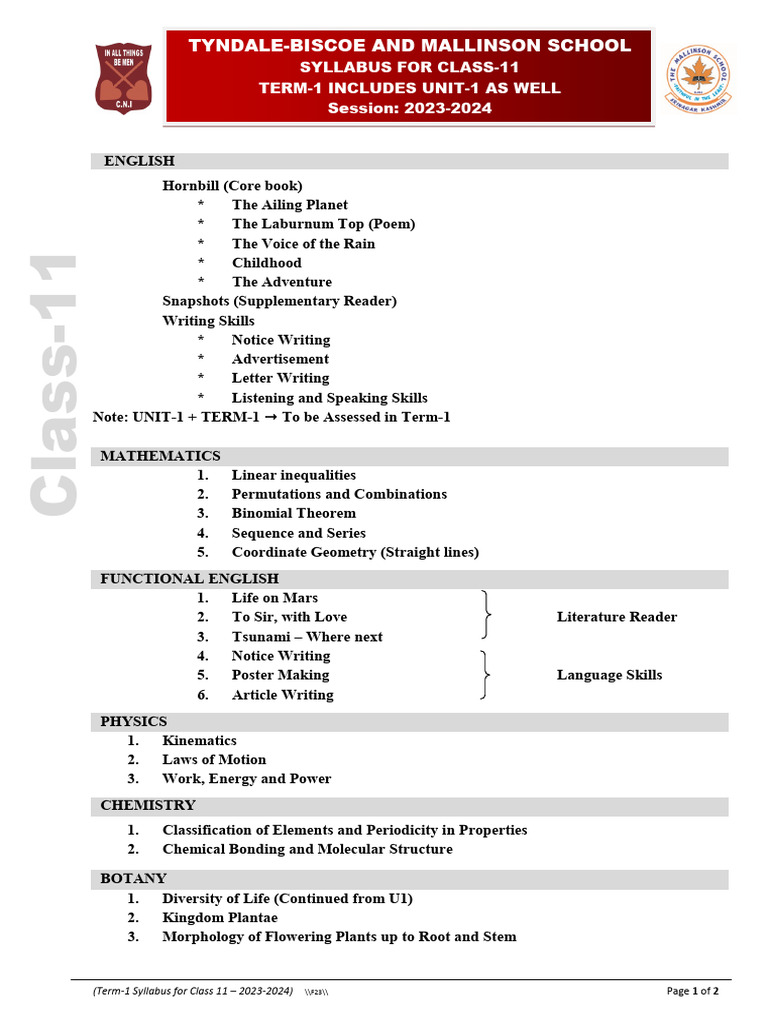 Class 11th - T1 Syllabus - 2023-24 | PDF Class 11th - T1 Syllabus - 2023-24 | PDF